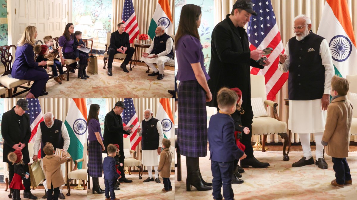 கலகல போட்டோ..! குழந்தைகள் மத்தியில் மோடி-க்கு கிப்ட் கொடுத்த எலான் ...